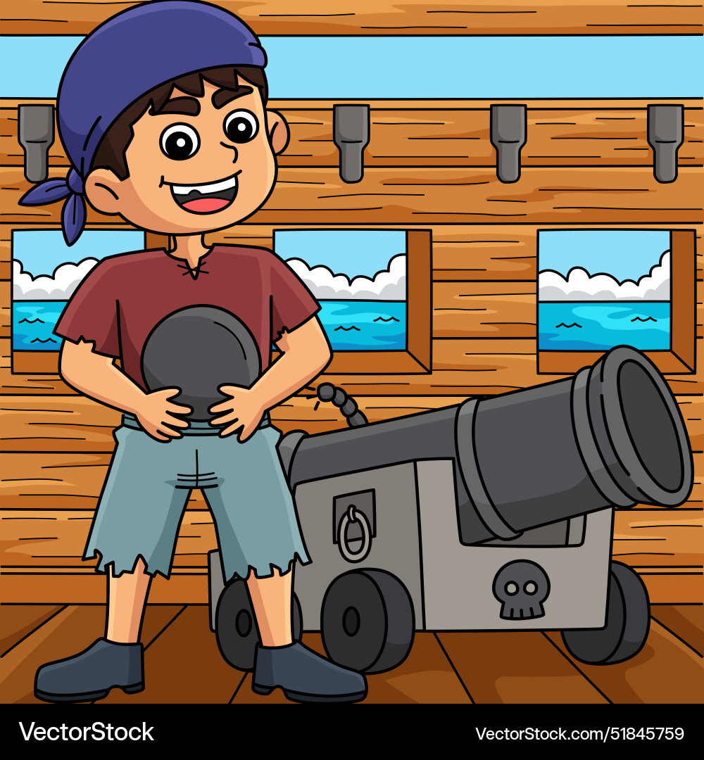 Pirate with canon colored cartoon Royalty Free Vector Image