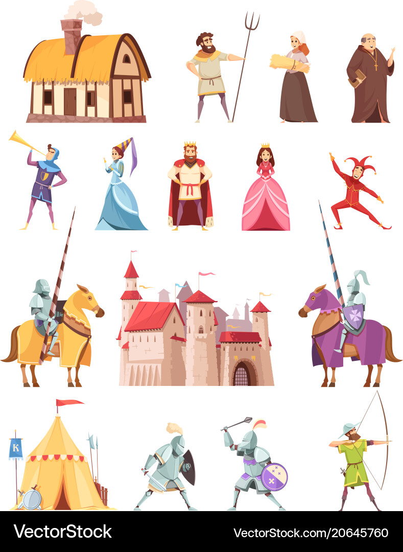 Medieval characters buildings icons set Royalty Free Vector