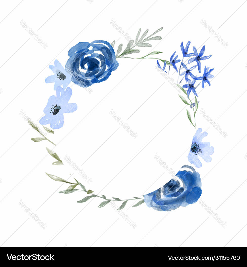 Watercolor blue rose flower circle frame Vector Image