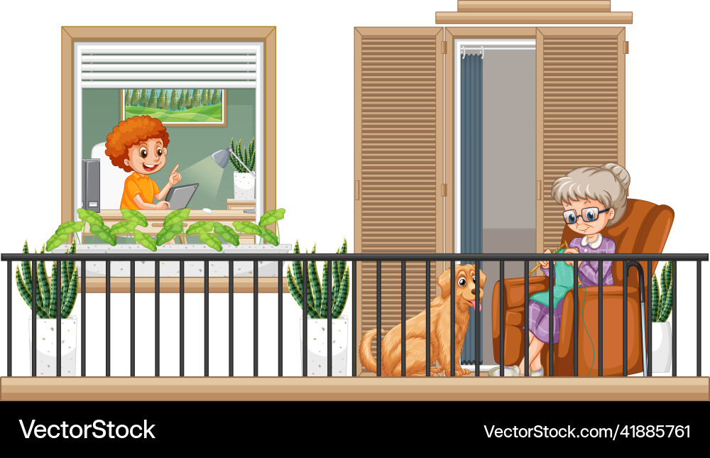 Balcony scene with cartoon characters Royalty Free Vector