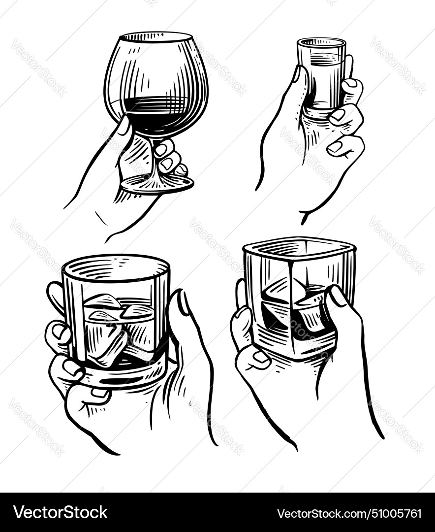Hands holding various glasses whiskey and cognac Vector Image