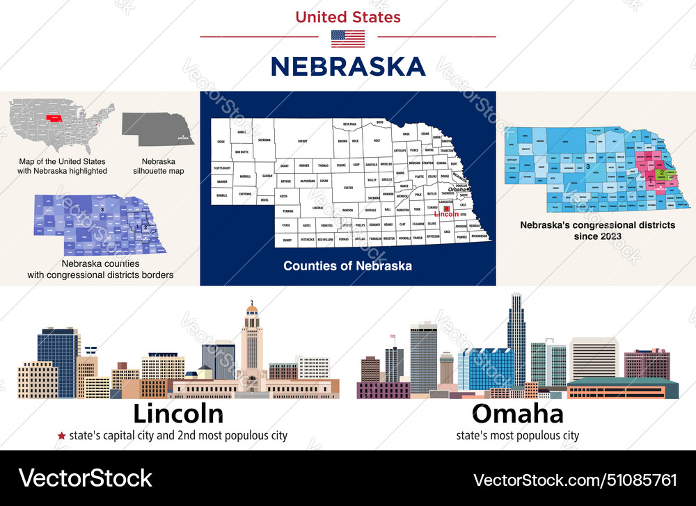 Nebraska counties map and congressional districts Vector Image