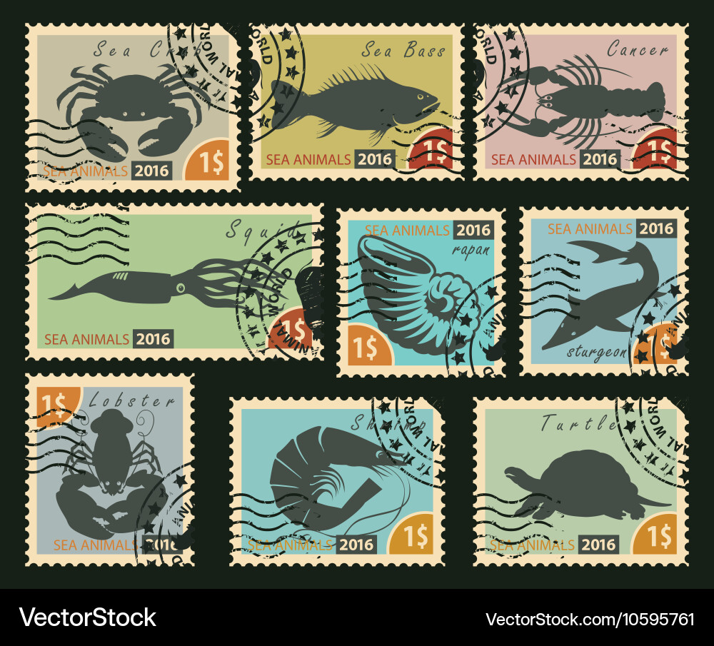 Stamps with sea animals Royalty Free Vector Image