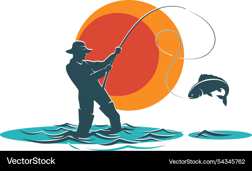Fisherman with rod emblem Royalty Free Vector Image