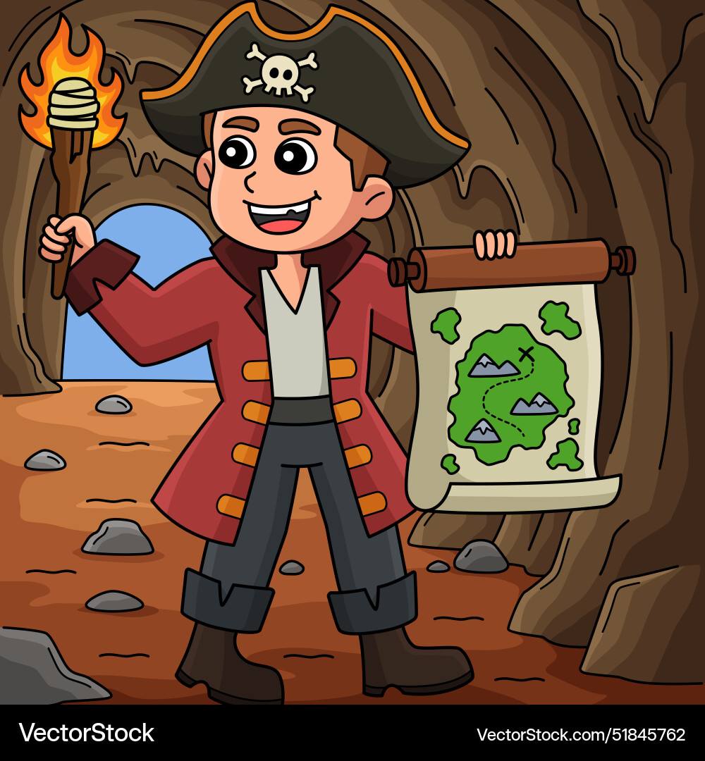 Pirate with treasure map colored cartoon Vector Image