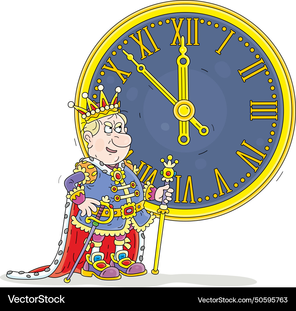 Angry king watching an antique big clock Vector Image