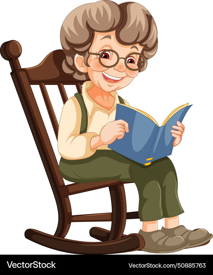 Elderly woman smiling while reading in a rocking Vector Image