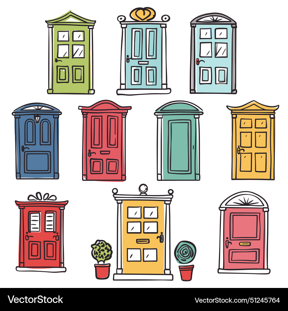 Collection colorful doors various designs cartoon Vector Image