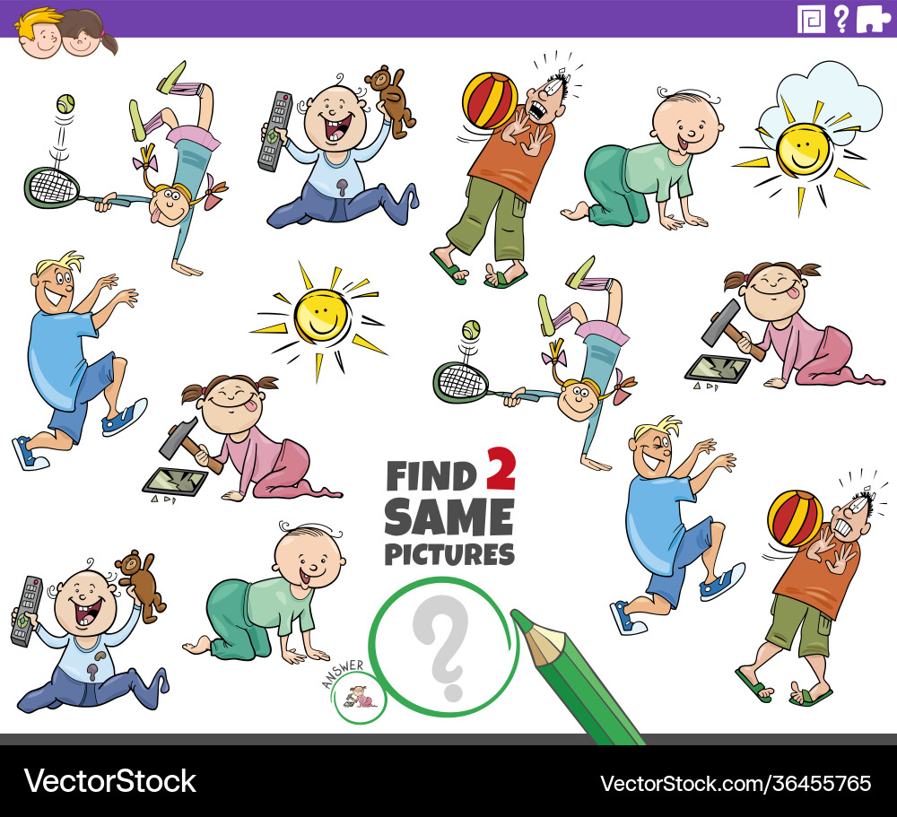 Find two same kid characters educational game Vector Image