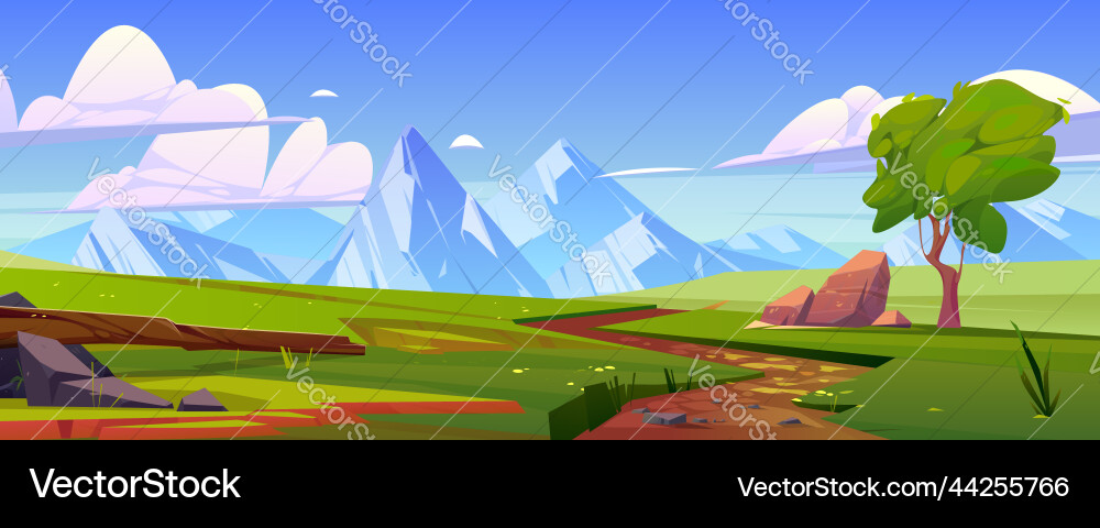 Mountain valley with green fields tree path Vector Image