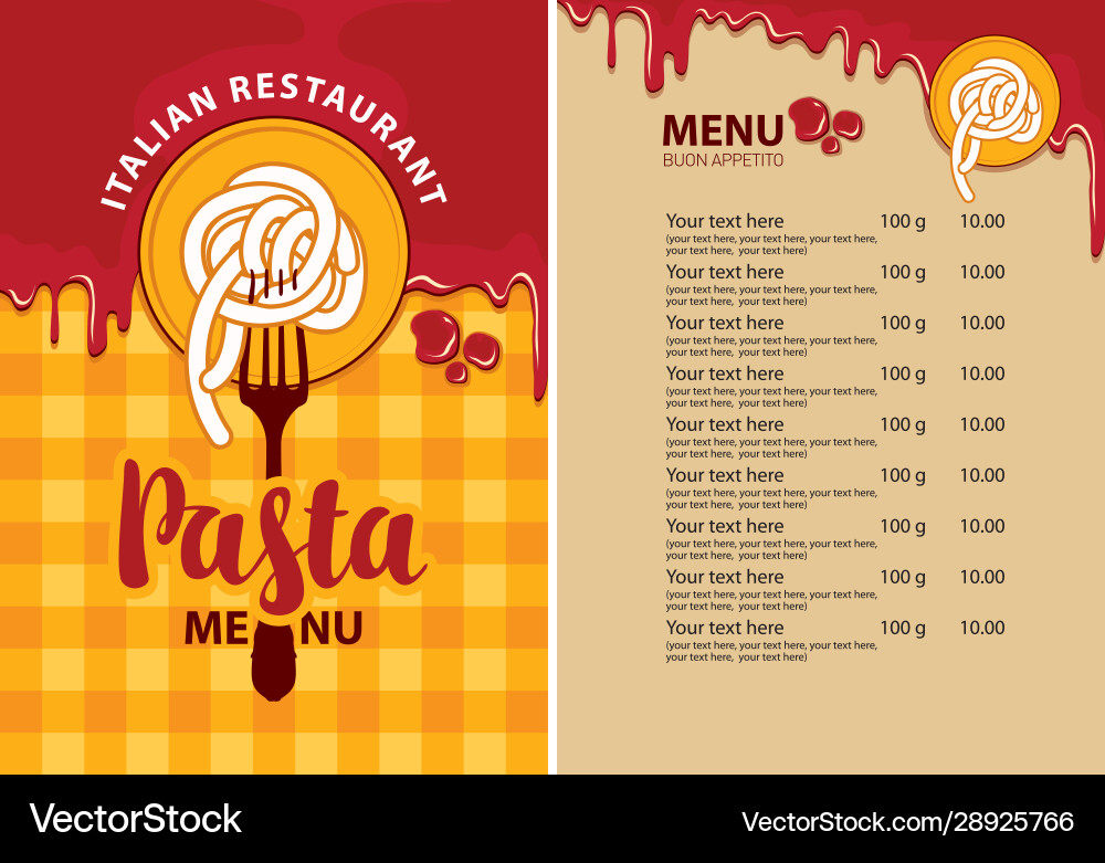Pasta menu for italian restaurant with Royalty Free Vector