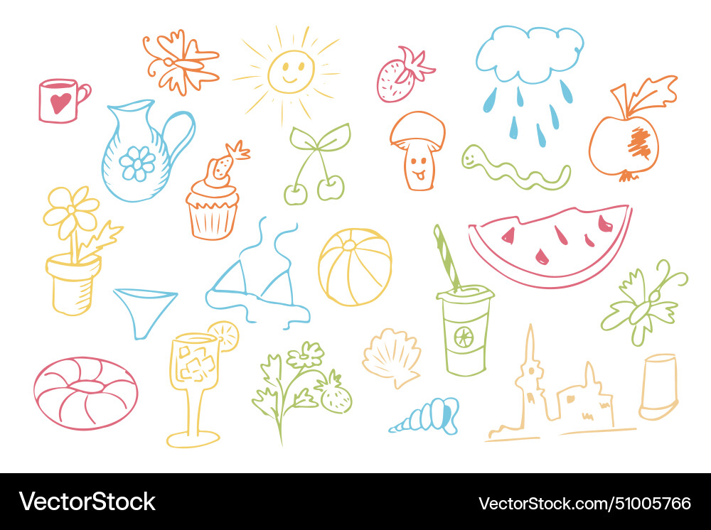 Summer pastel colored hand drawn drawings set Vector Image