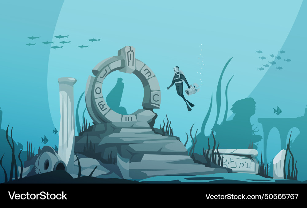 Sunken atlantis cartoon poster Royalty Free Vector Image