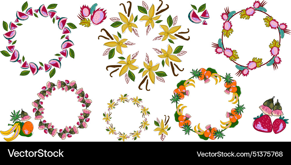 Tropical wreath frame decor doodle style set Vector Image