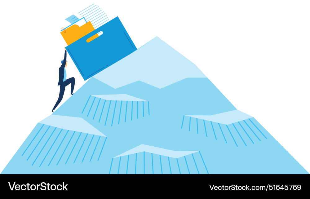 Businessman climbing paper mountain paperwork Vector Image