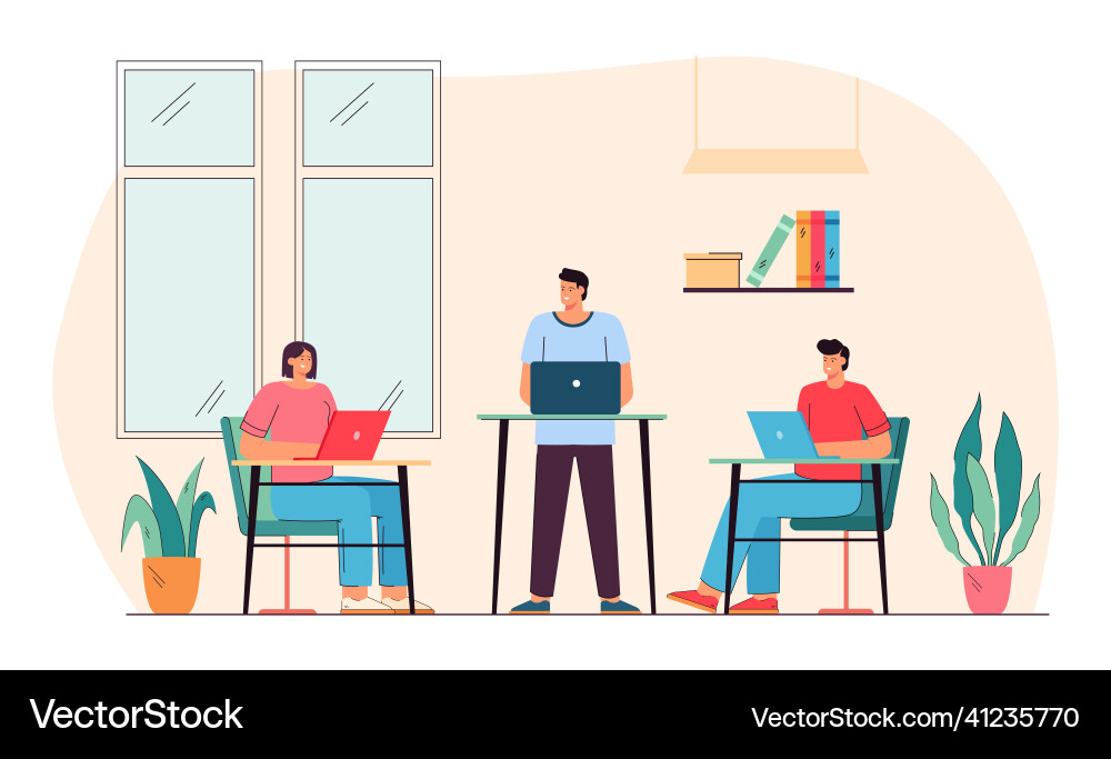 Employees sitting and standing at computer desks Vector Image
