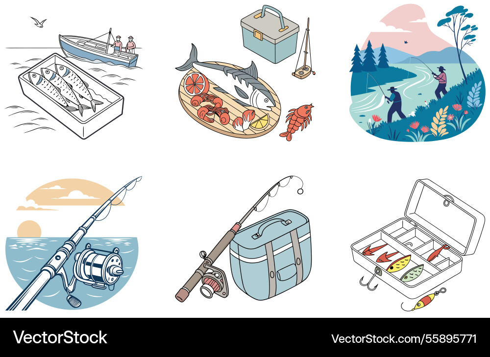 Serene lakeside camping bundle tranquil fishing Vector Image