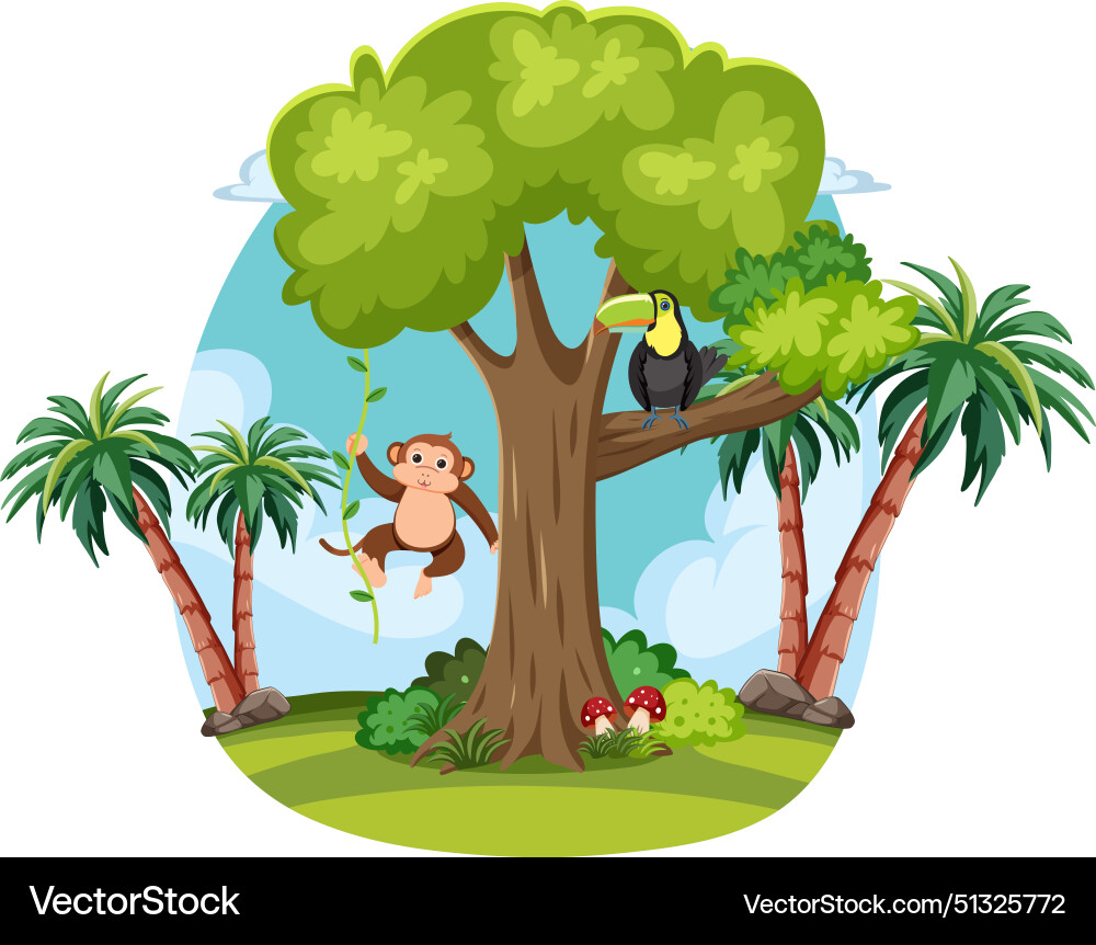 Monkey and toucan in a lush jungle Royalty Free Vector Image