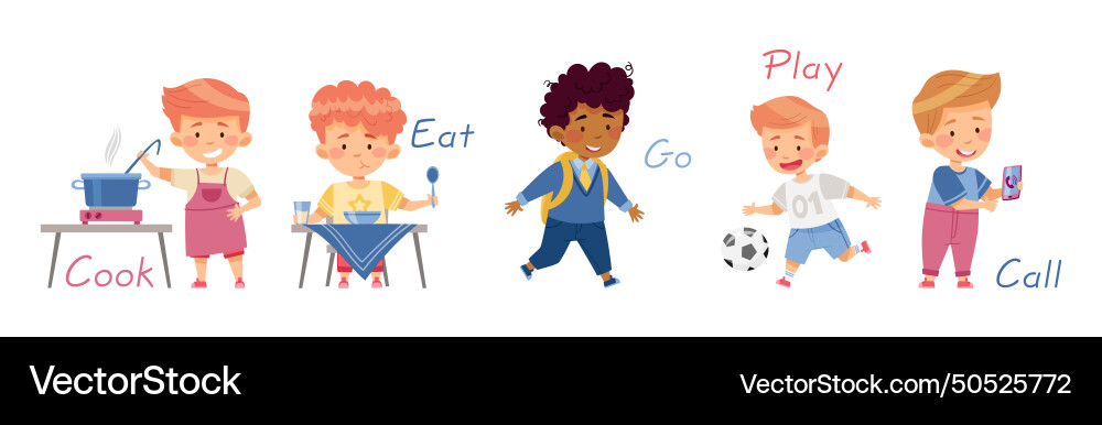 Verbs study with little kids doing different Vector Image