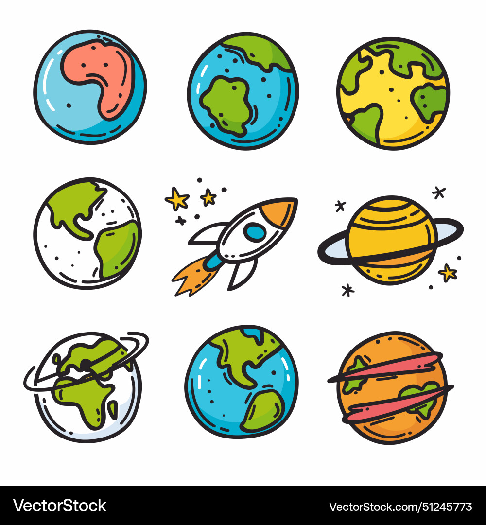 Colorful cartoon space icons including various Vector Image