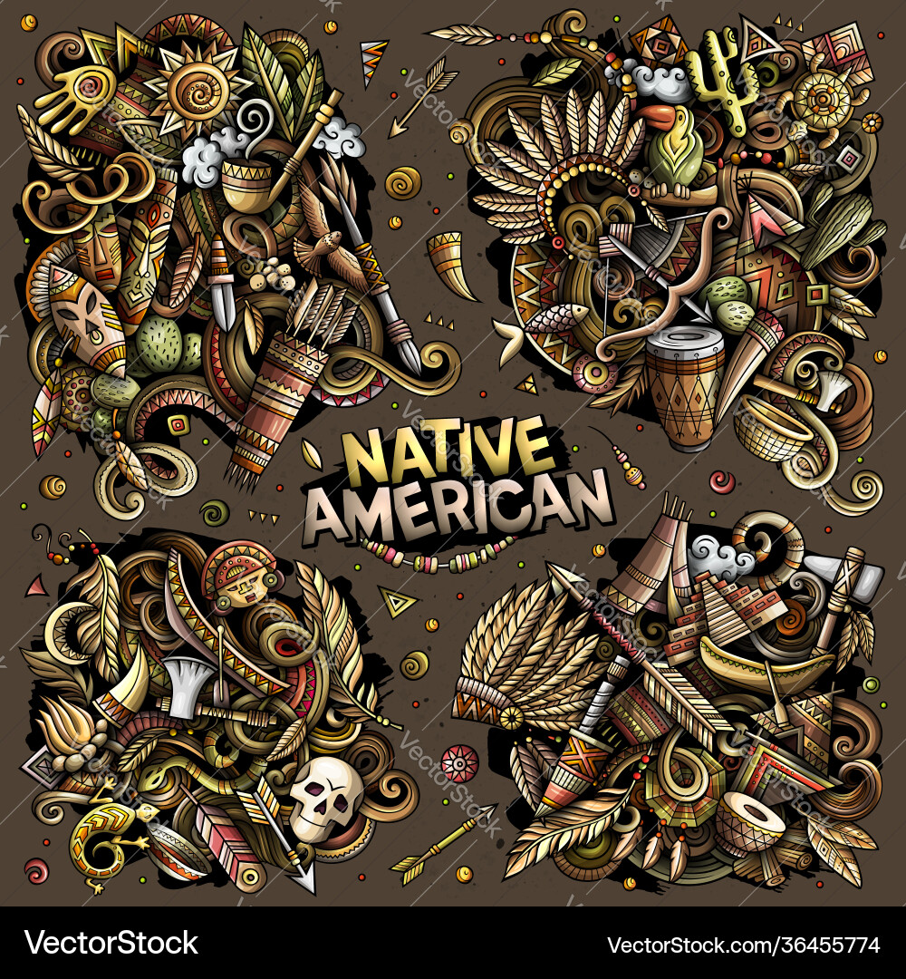 Native american cartoon doodle designs set Vector Image