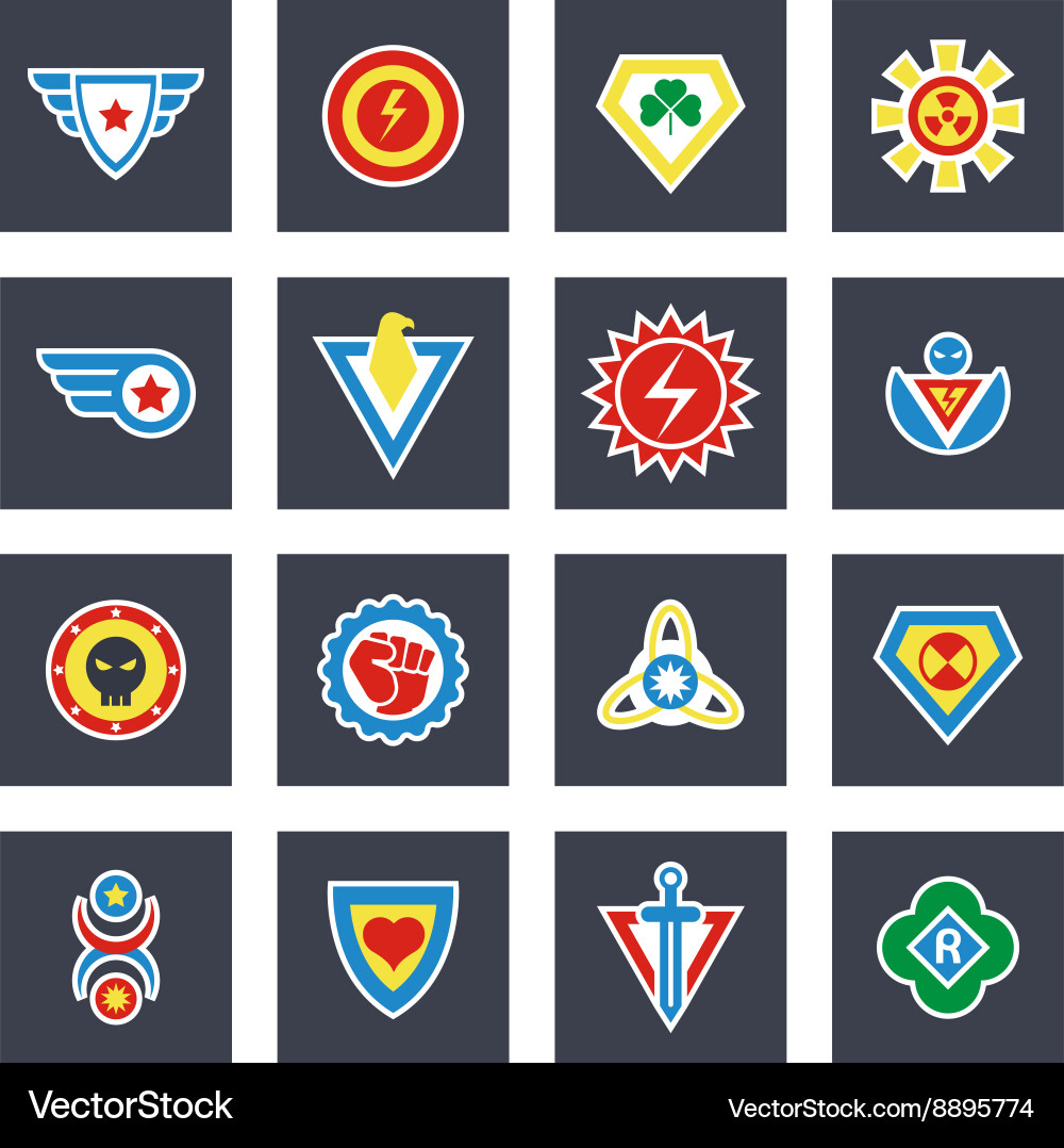 Superhero color badges emblems logos Royalty Free Vector