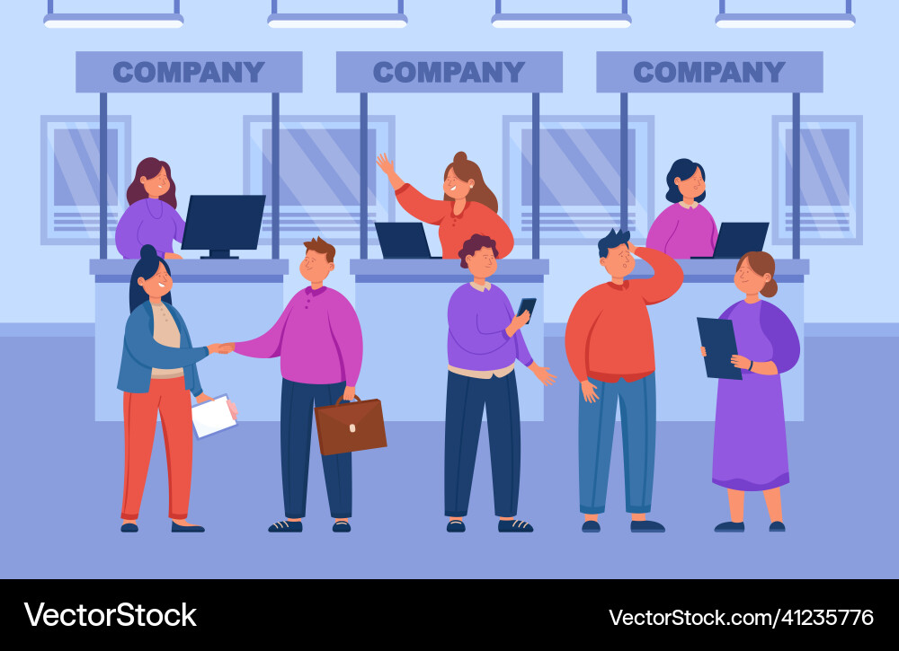 Expo workers and visitors on exhibition Royalty Free Vector