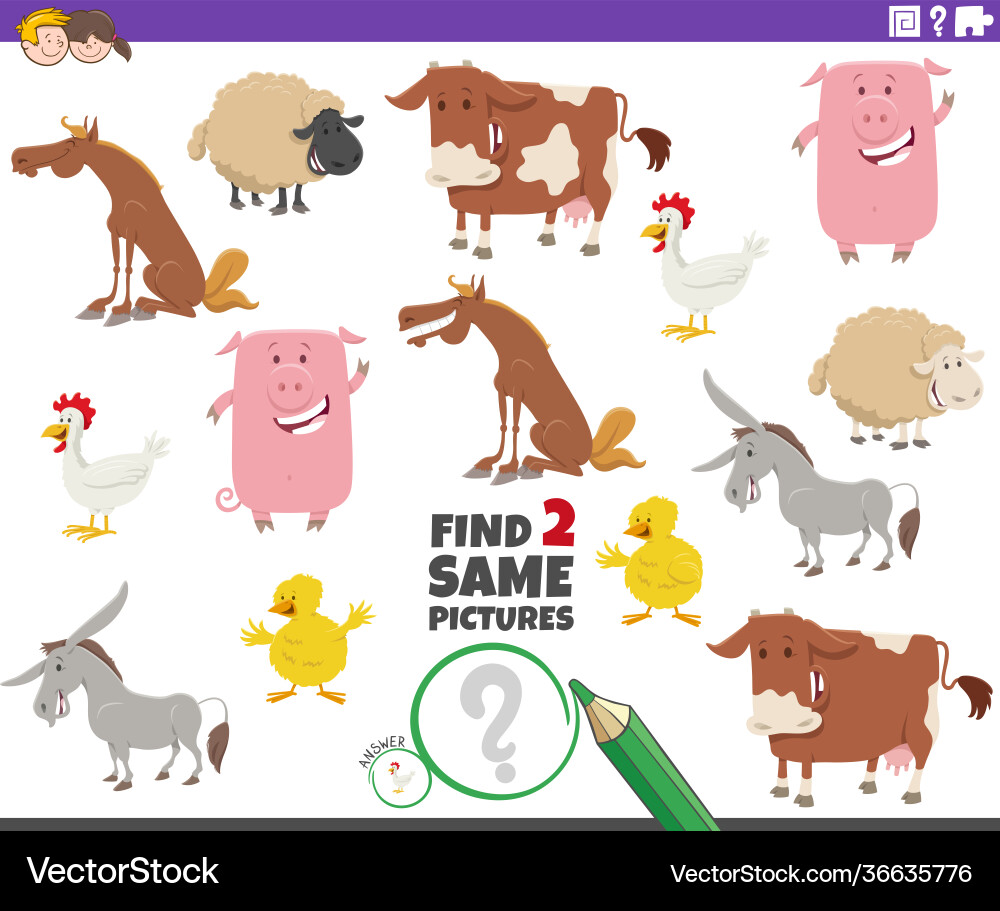Find two same farm animal characters educational Vector Image