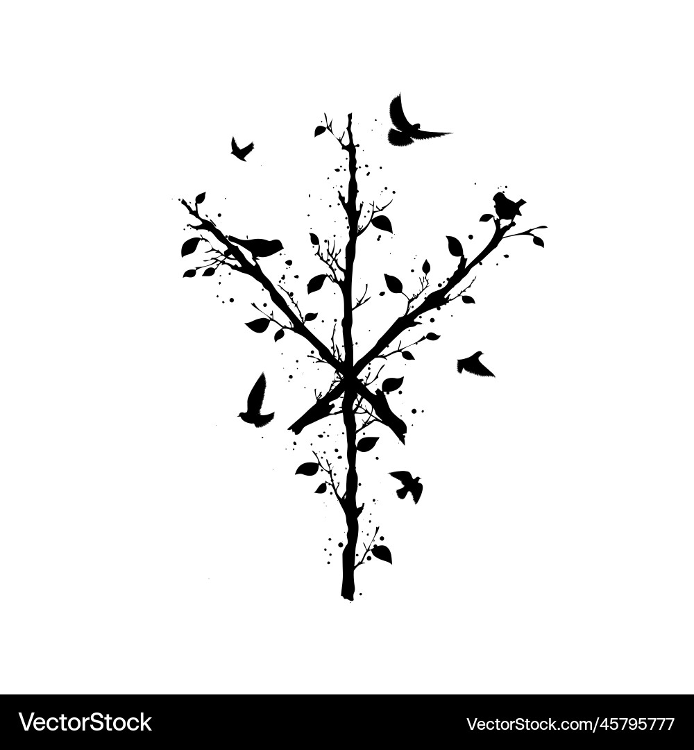 Rune with tree branches and birds Royalty Free Vector Image