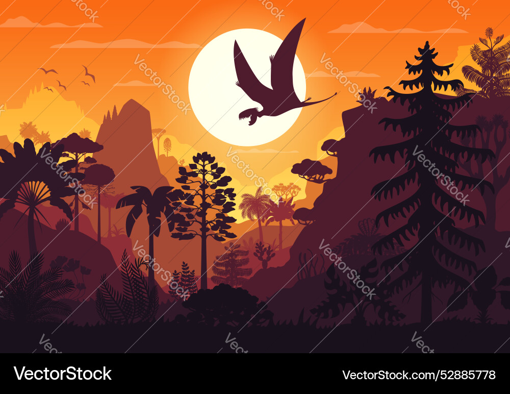 Flying prehistoric dinosaur silhouette at sunset Vector Image