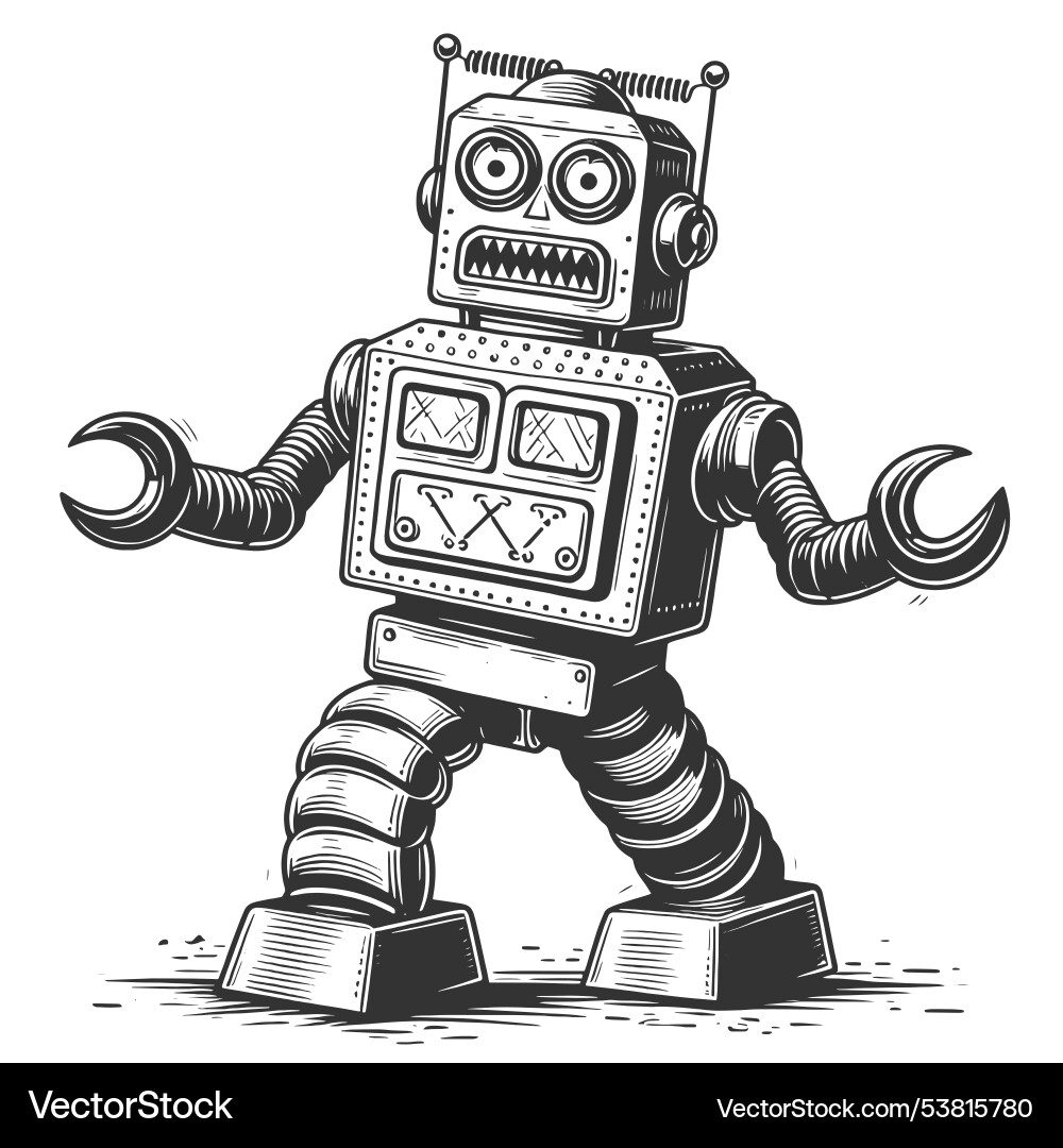 Robot with claw arms and antennas engraving Vector Image