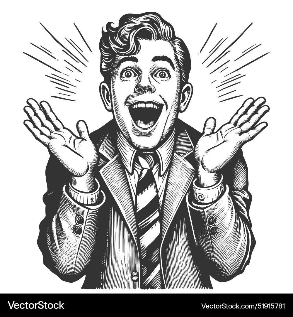 Ecstatic man in suit with hands raised Royalty Free Vector