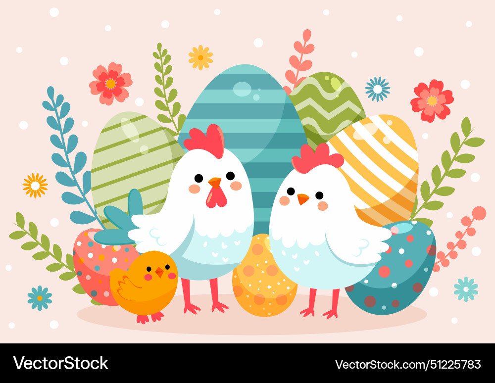 Cartoon chickens with colorful easter eggs and Vector Image