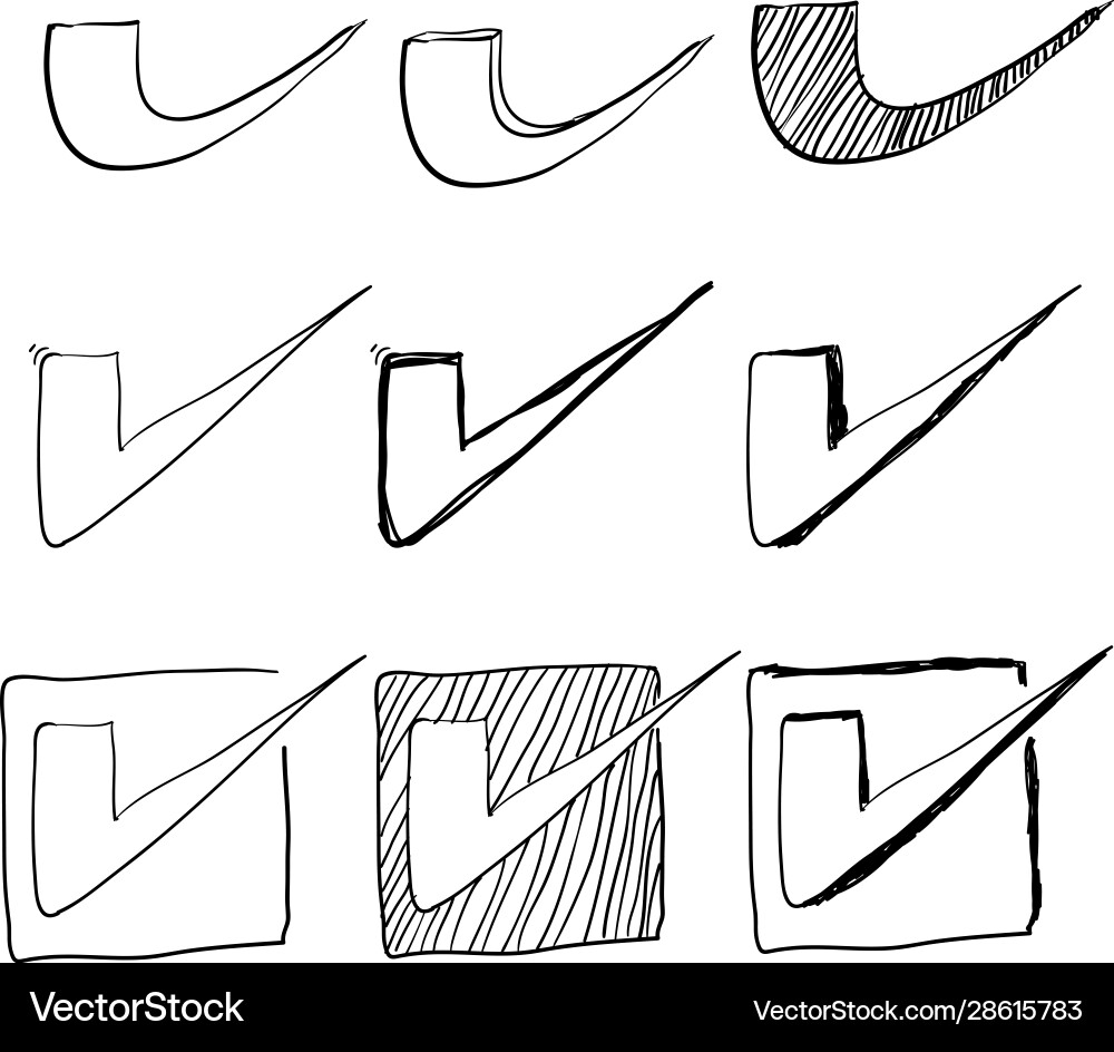 Hand drawn check mark icon set in cartoon doodle Vector Image