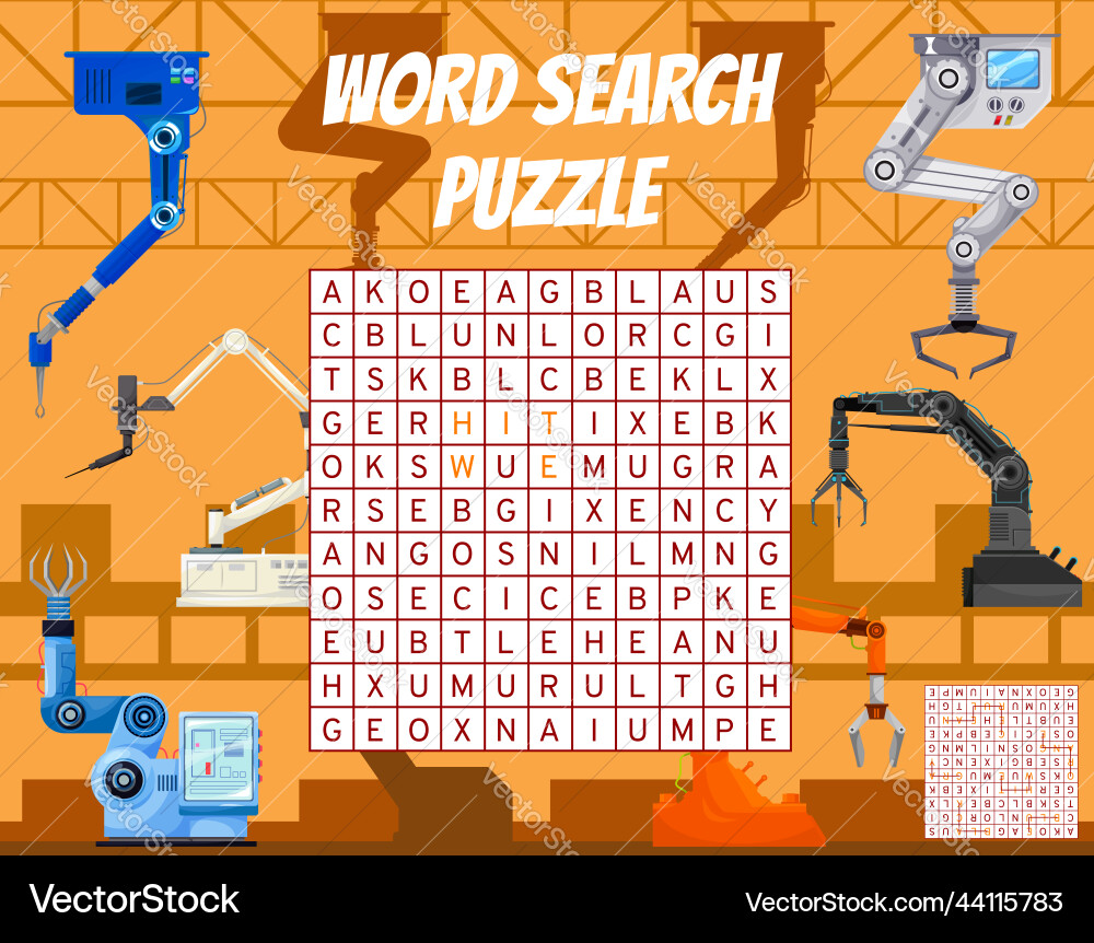 Robot arms on factory word search game worksheet Vector Image