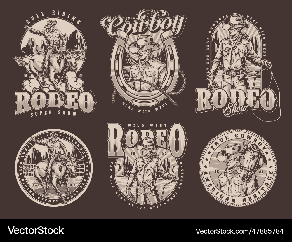 Rodeo show monochrome set stickers Royalty Free Vector Image