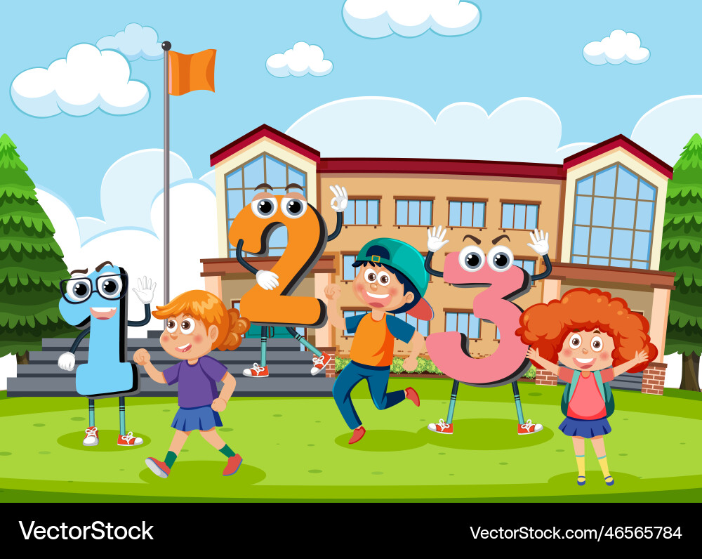 School kids with math theme outdoor background Vector Image