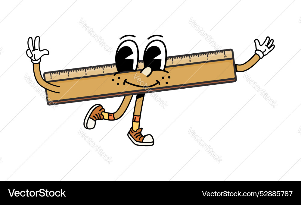 Cartoon groovy school ruler character Royalty Free Vector