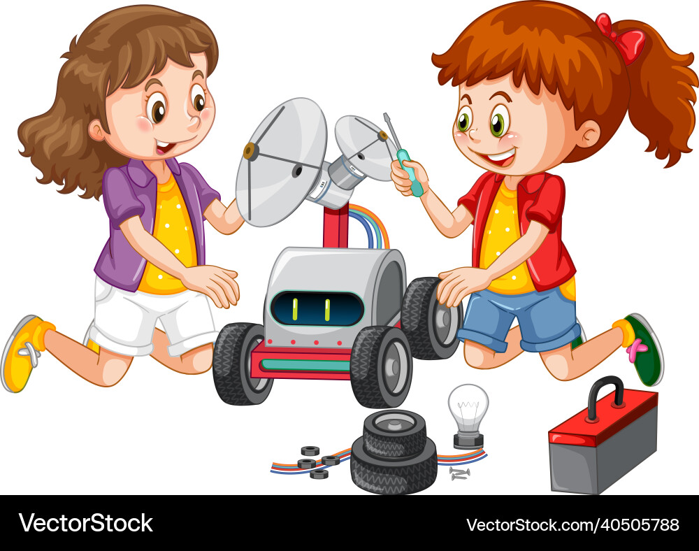 Children fixing a robot together on white Vector Image