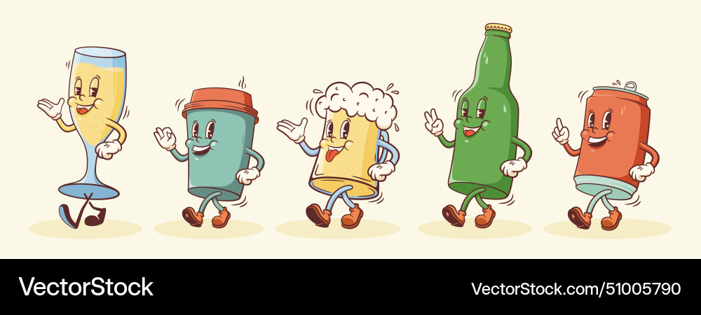 Groovy beer coffee and champagne retro characters Vector Image