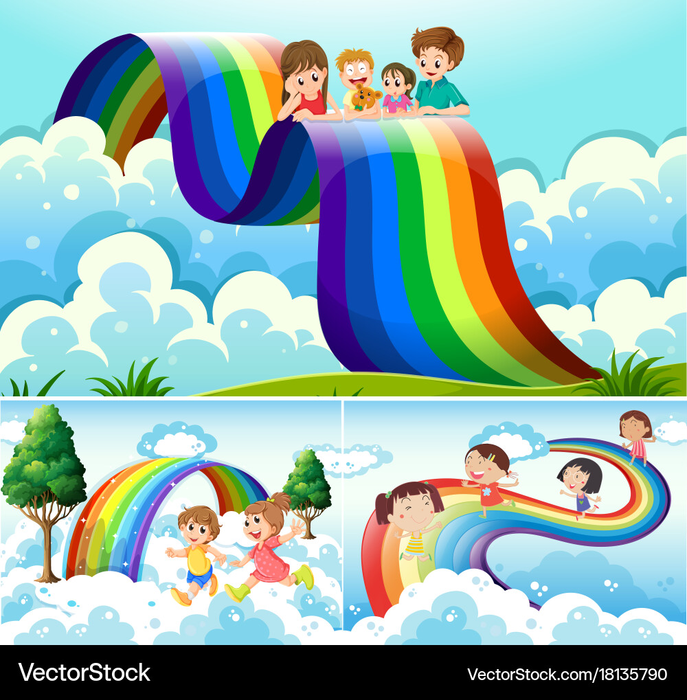 Happy children over the rainbow Royalty Free Vector Image