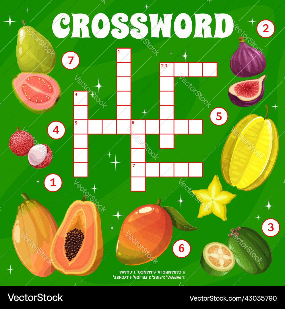 Tropical raw fruits crossword grid find word game Vector Image