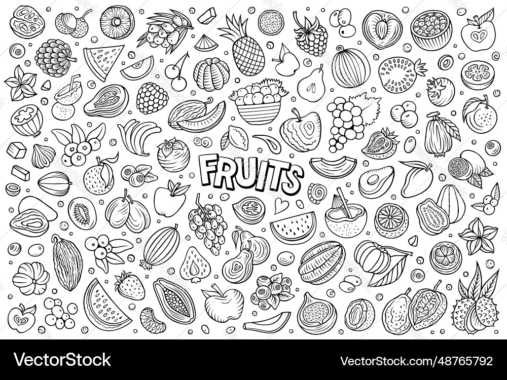 Cartoon fresh fruits objects and symbols doodle Vector Image