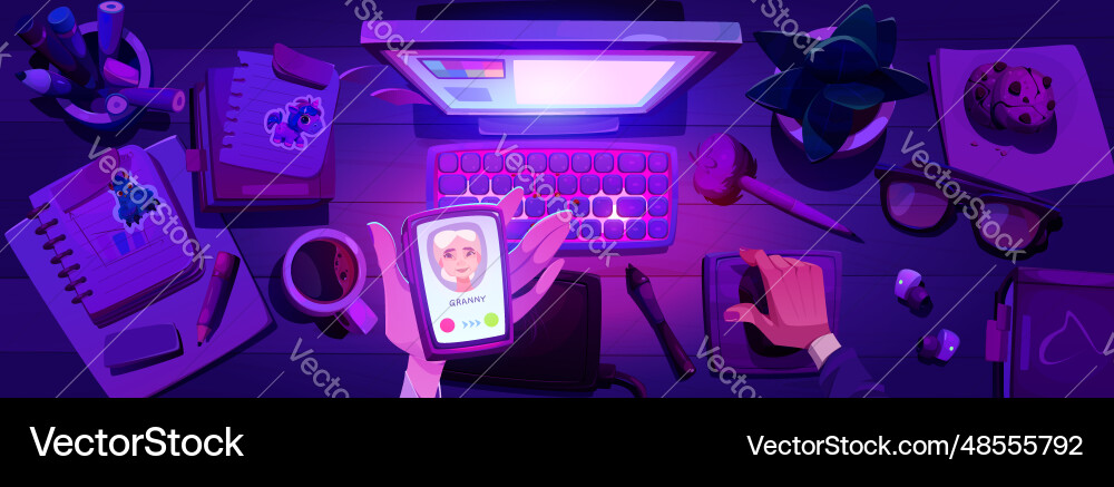 Late night work office table with computer Vector Image