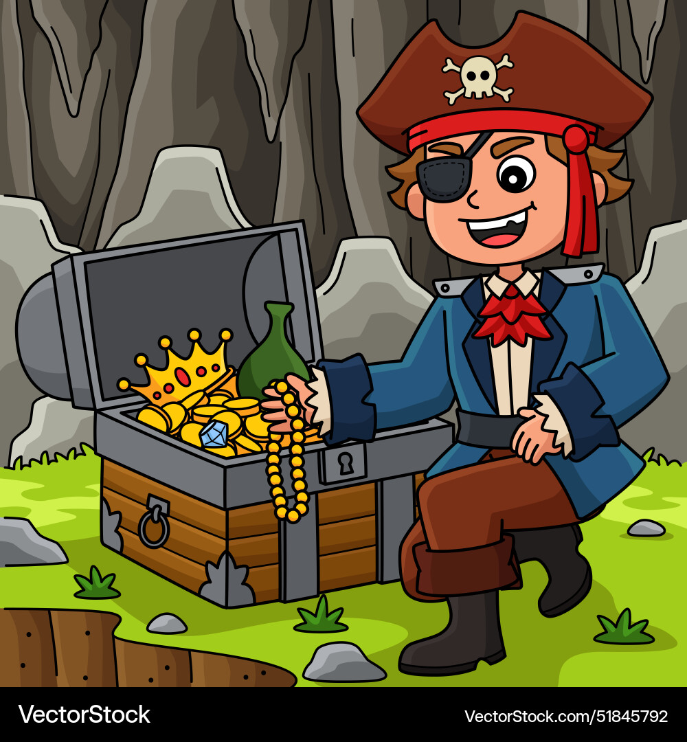 Pirate with treasure colored cartoon Royalty Free Vector