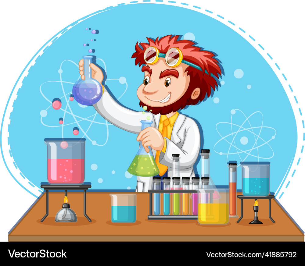 Scientist man cartoon character with laboratory Vector Image