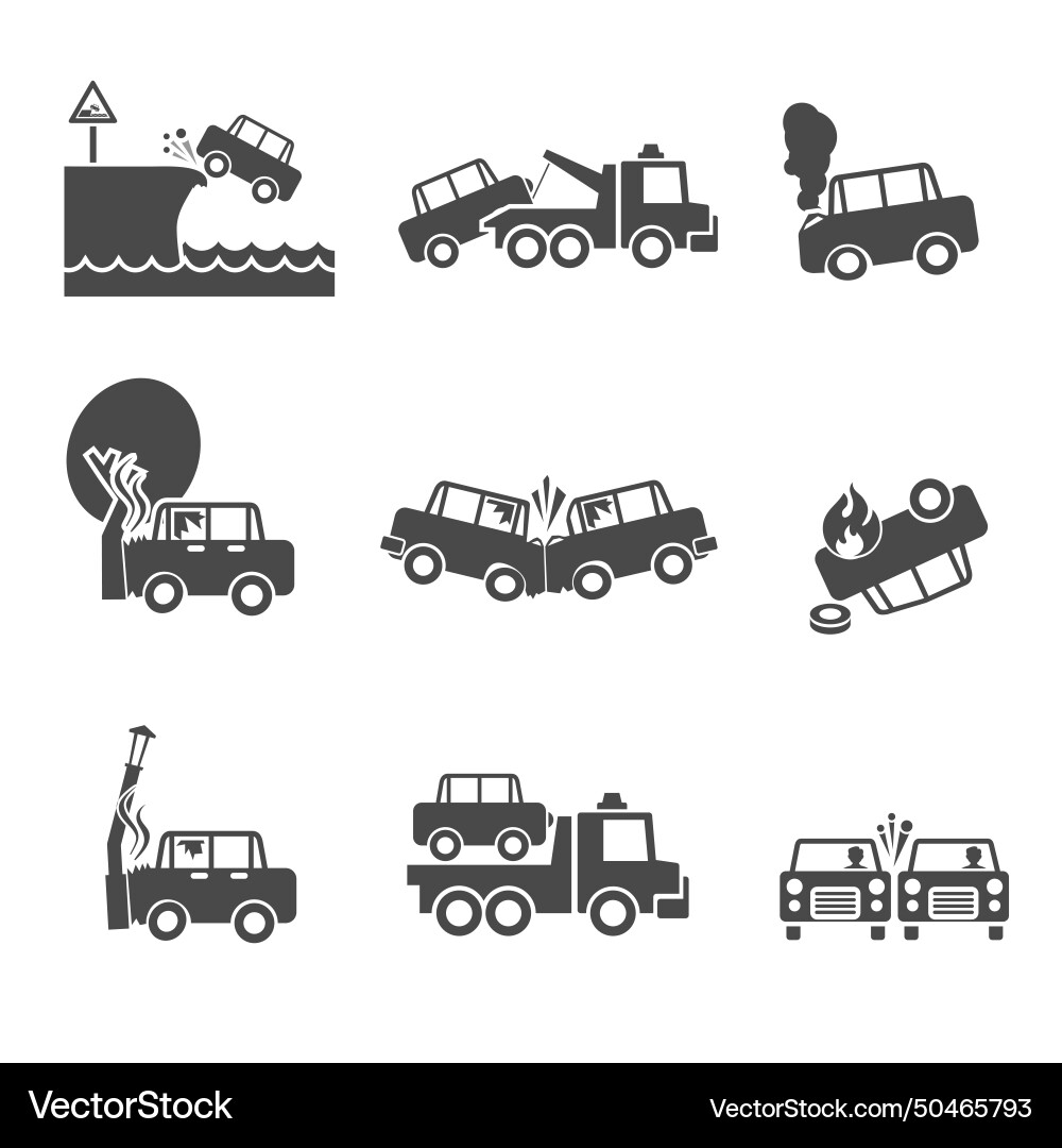 Black and white car crash icons Royalty Free Vector Image