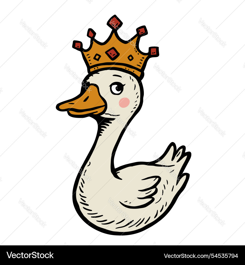 Cartoon goose with crown hand drawn Royalty Free Vector