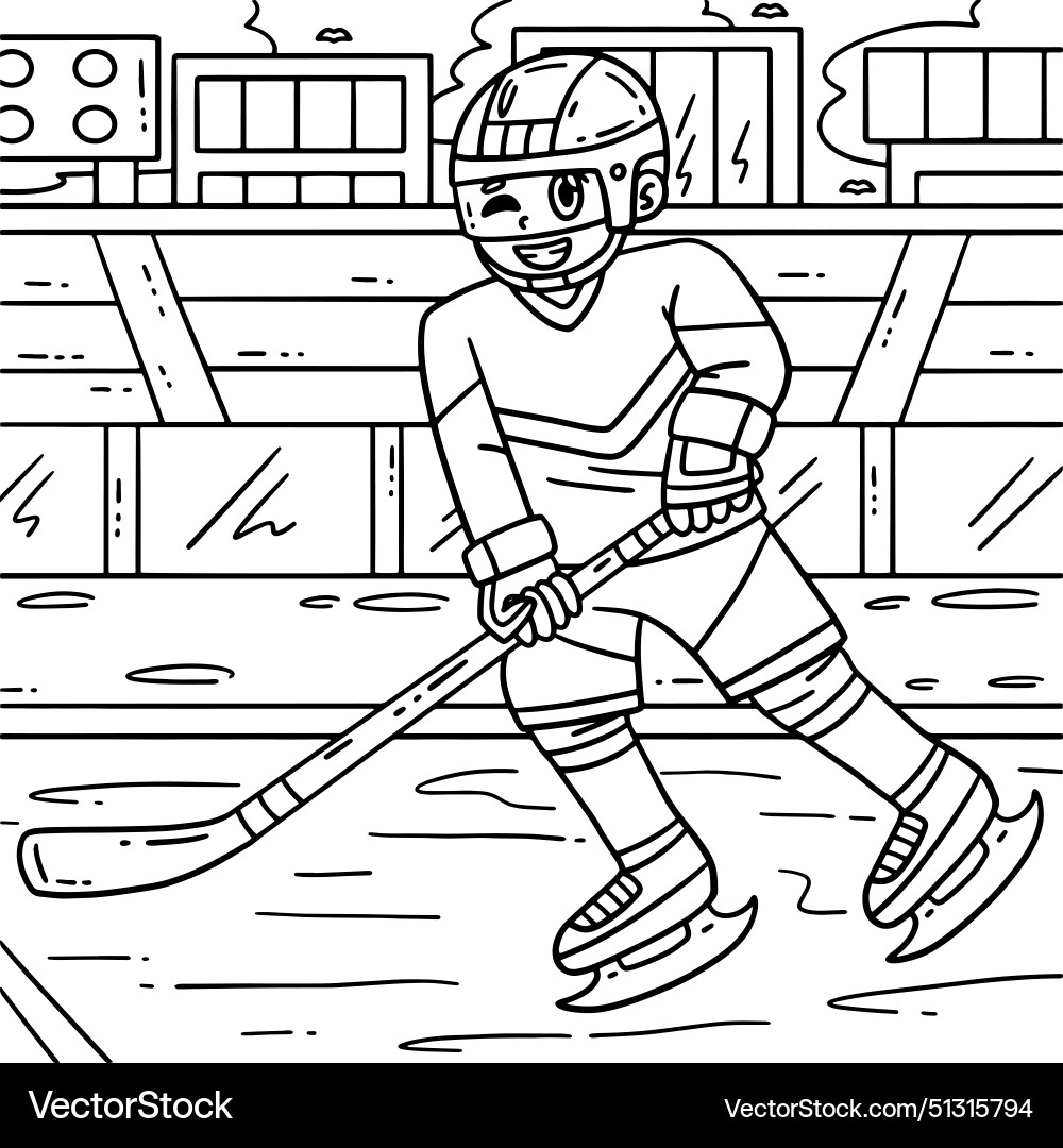 Ice hockey player skating through coloring page Vector Image