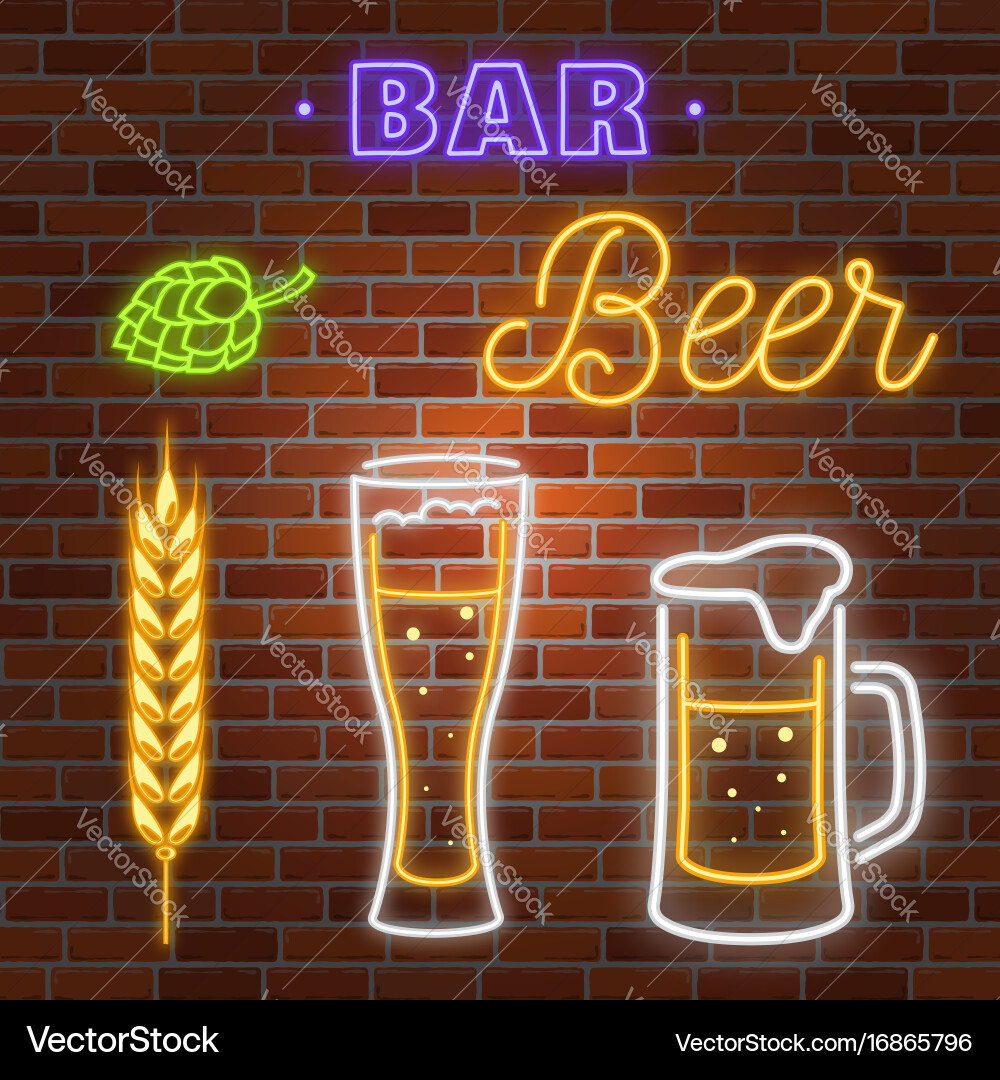Retro neon beer bar sign on brick wall background Vector Image